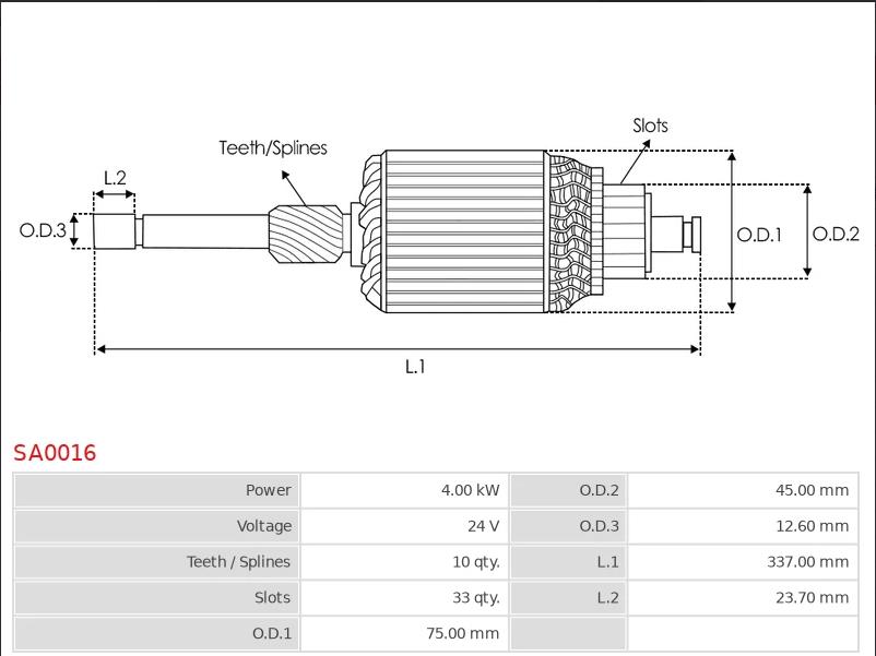 ARMATURE 24V 4.0KW JF / IF ADE 352 / 352T / 352N SHORT SPLINES 1 ...